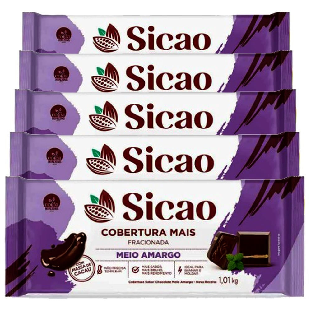 Kit 5 Coberturas Chocolate Mais Meio Amargo Barra 1,01kg Sicao - colibri